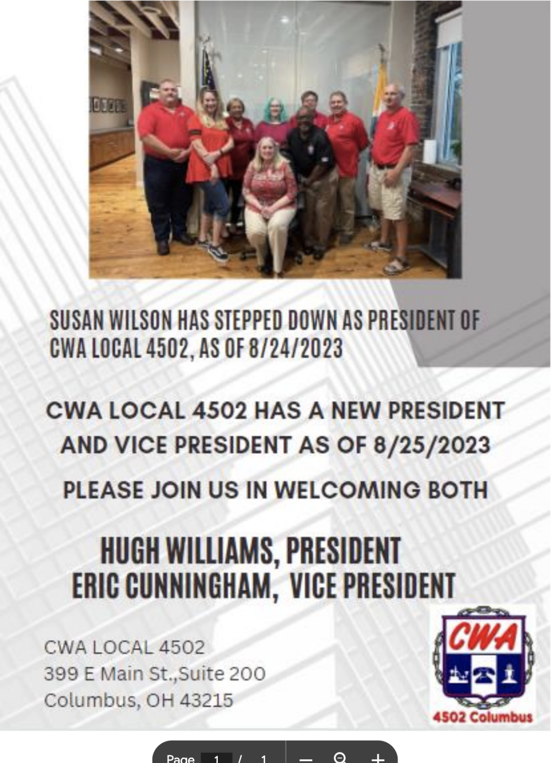 CWA Local 4502 has a New President and Vice President – CWA 4502
